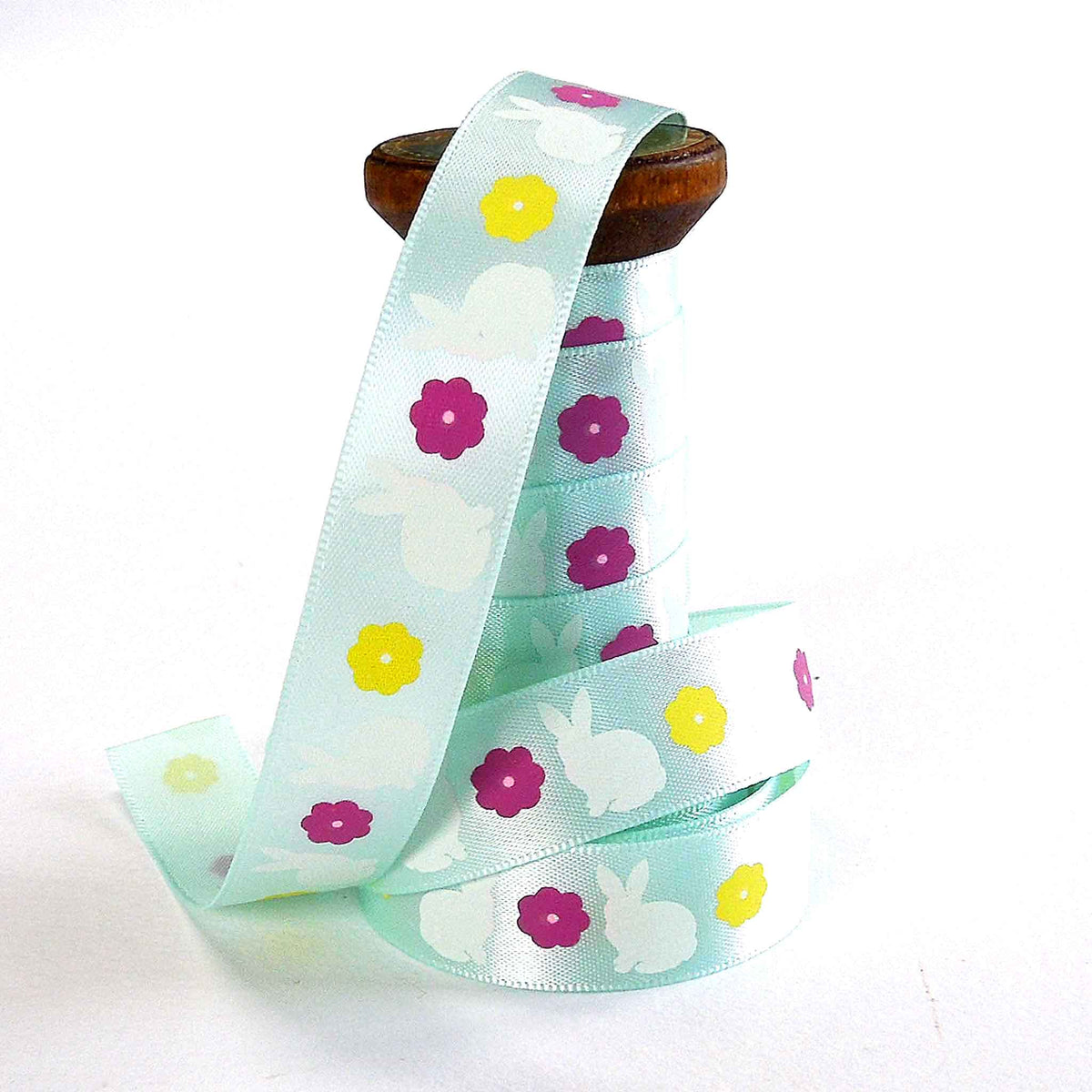 15mm Easter Bunnies and Flowers Satin Ribbon - Wooden Spool - 3 metres ...
