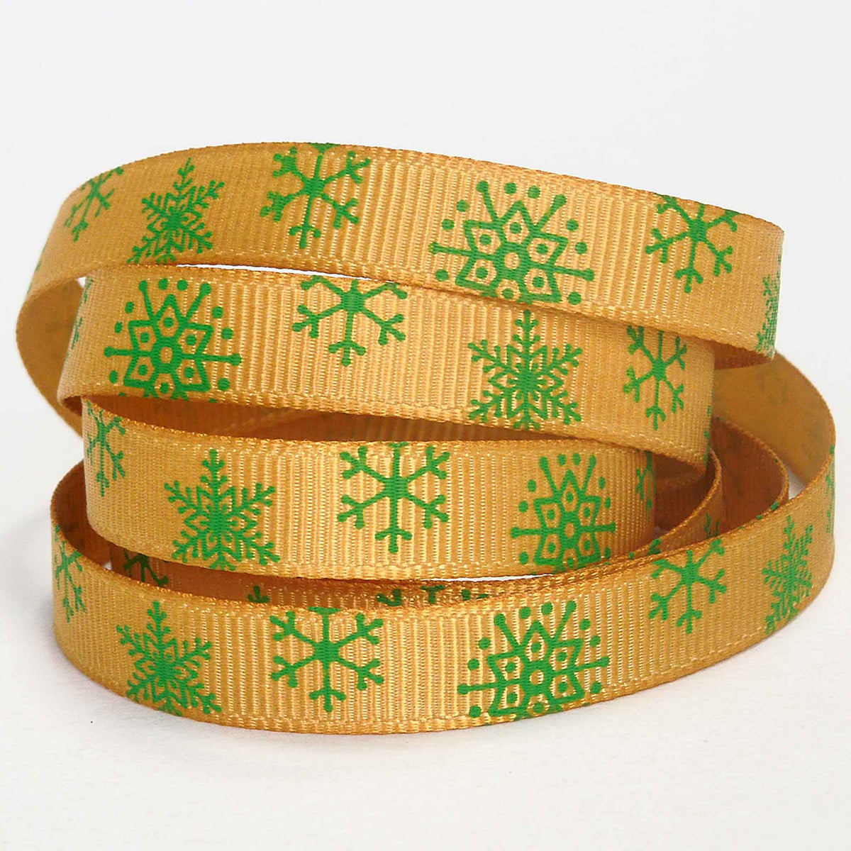 10mm Gold and Green Snowflake Grosgrain Ribbon on Wooden Bobbin - 2 Me ...