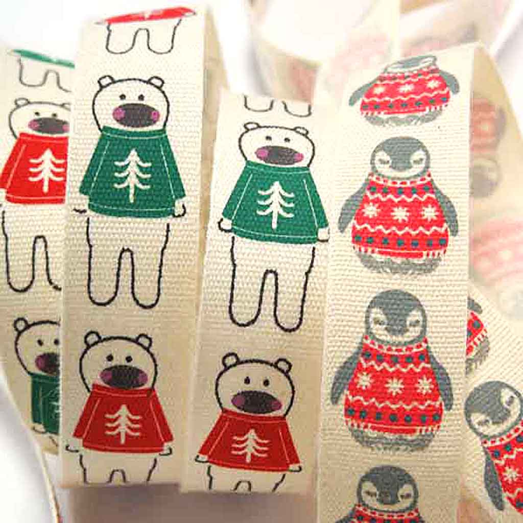 15mm Polar Bears in a Jumper Christmas Cotton Ribbon – Fabric and Ribbon