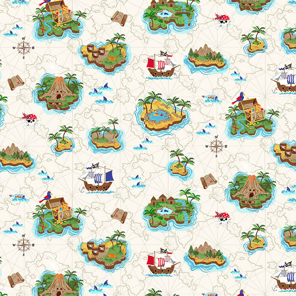 Pirate Islands Cotton Fabric - Cream - Makower 2430/Q - Pirates Collec ...