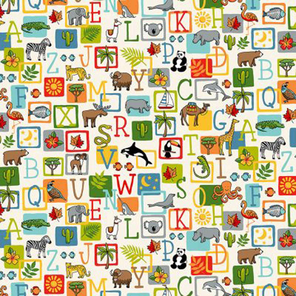 ABC Montage Cotton Fabric - Cream - Makower 2524/1 - ABC Around the Wo ...